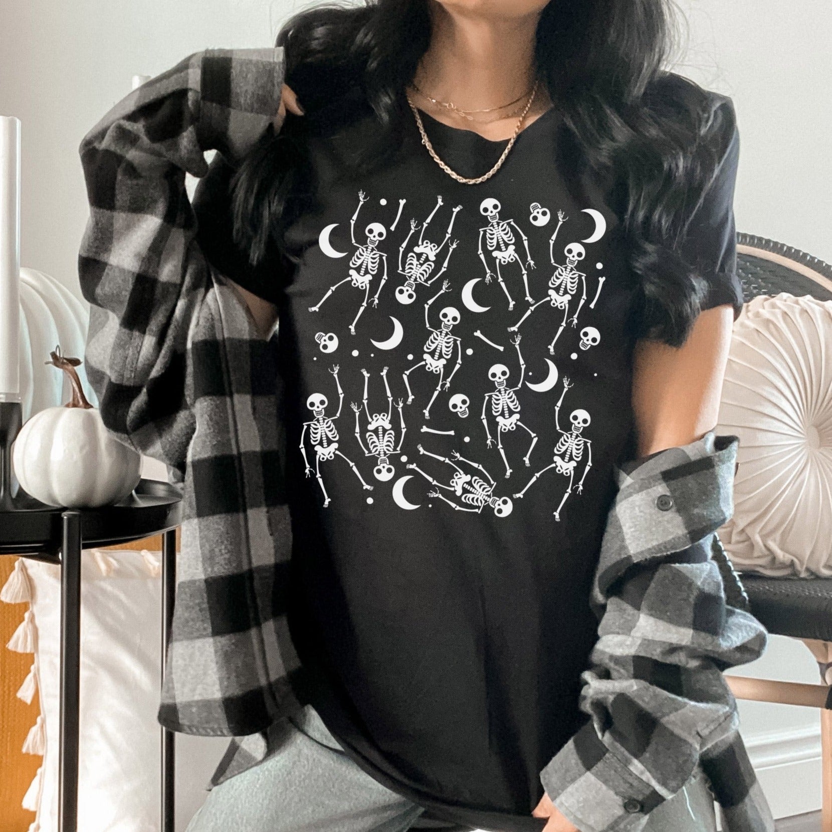 Skeleton Pattern Shirt - Trendy Edgy Halloween Graphic Tee, Spooky Szn ...